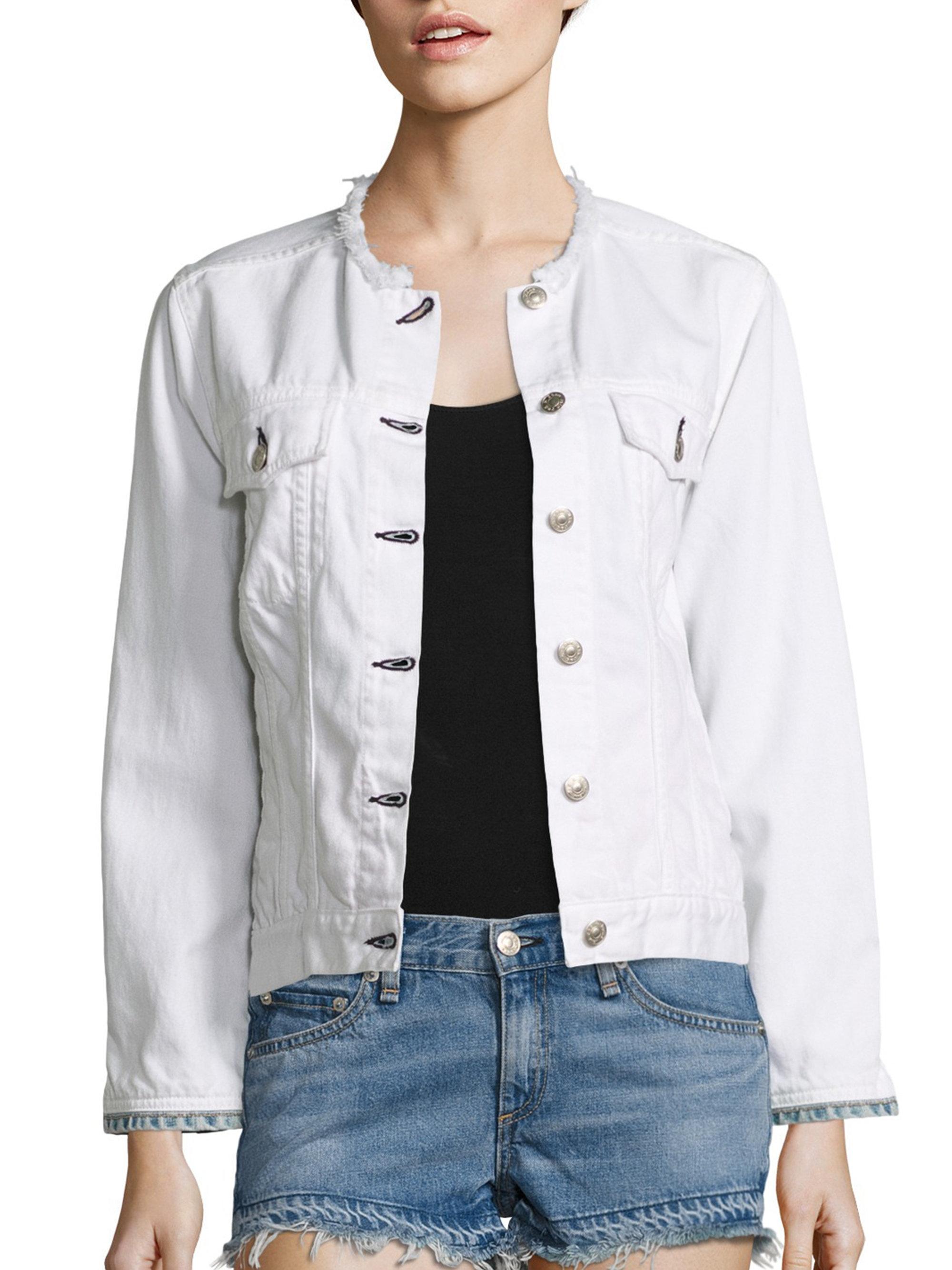 Rag & Bone Frayed Collarless Denim Jacket in White | Lyst Rag & Bone Frayed Collarless Denim Jacket in White | Lyst